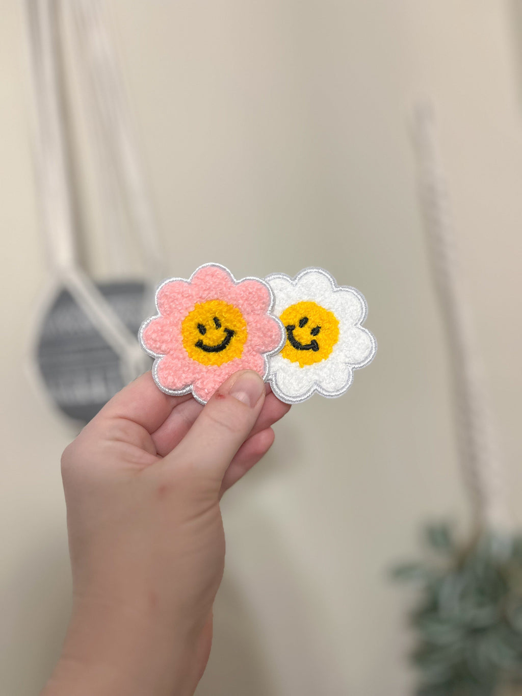 Chenille Embroidered Heat Transfer - Pink Daisy Smiley – Blue Drop ...